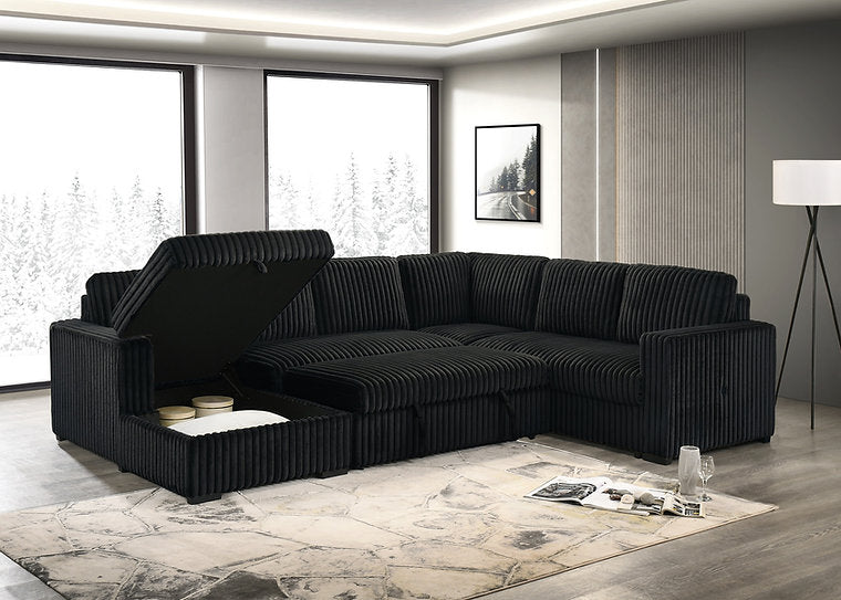 Black Soft-Touch Fur Curdoroy Large Pull Out Sectional Sofa Bed With S ...