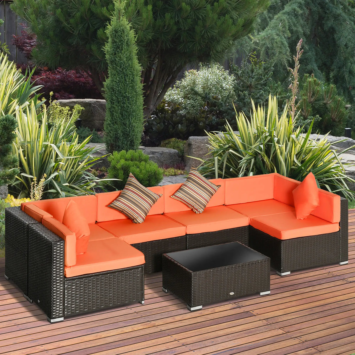 7 PC Orange Conversation Patio Sectional Furniture Set - Includes Glas ...