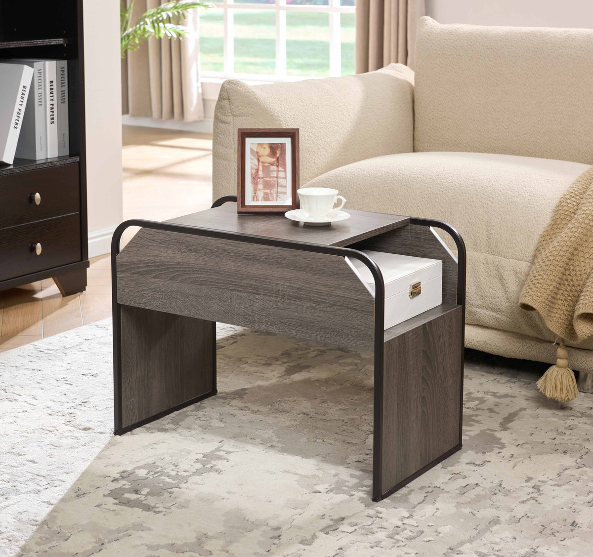 Grey Oak Wood Storage Side Table- Slides Under Sofa's & Beds - Model ...
