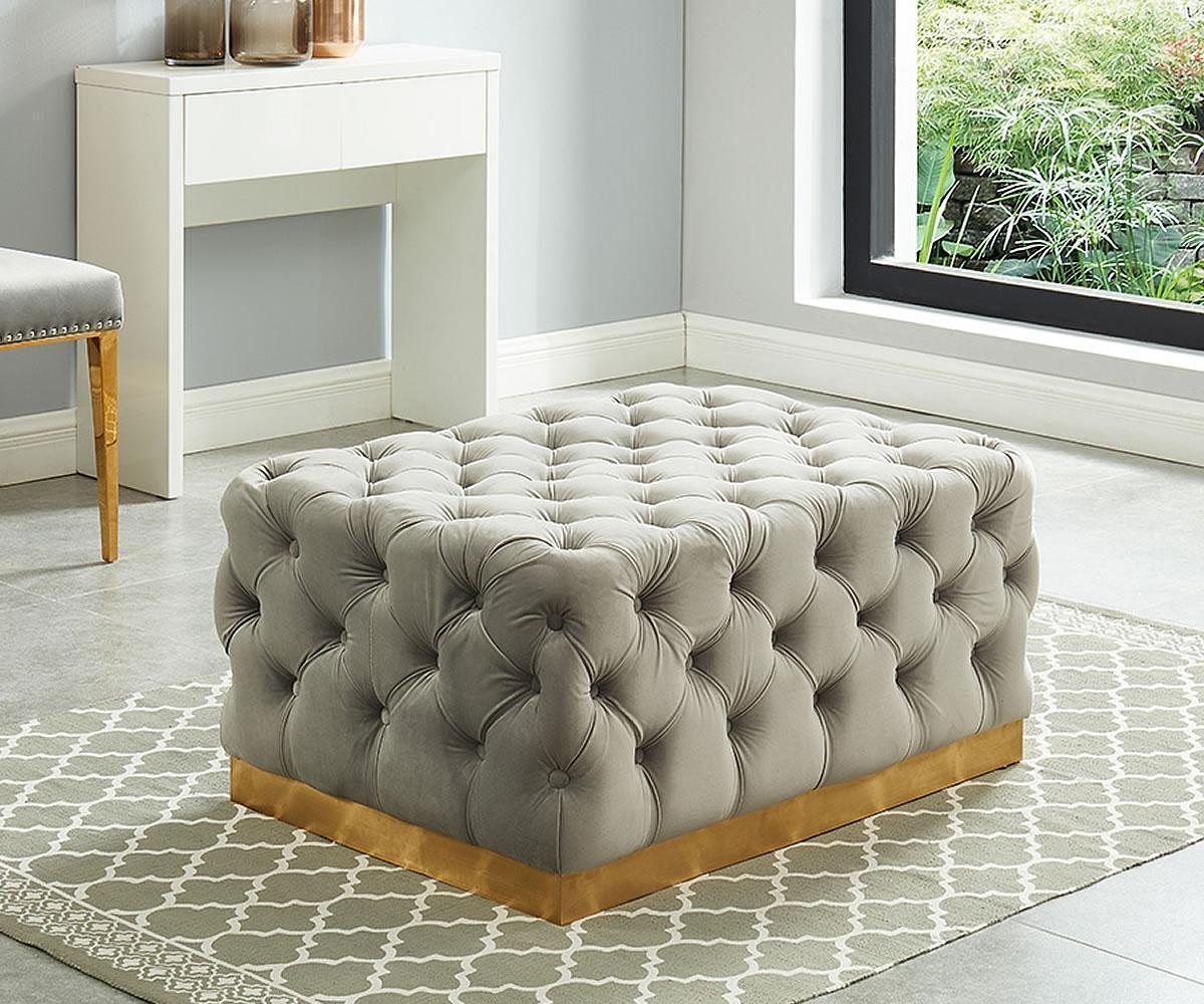 Velvet Grey & Gold Tufted Button Ottoman - Model Portia – SalesAway