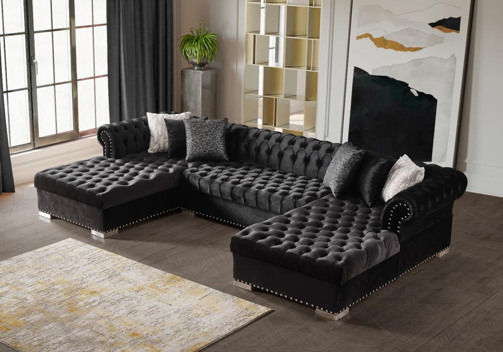 Black Velvet Tufted U Shaped Sectional- Includes Throw Pillows - Model ...