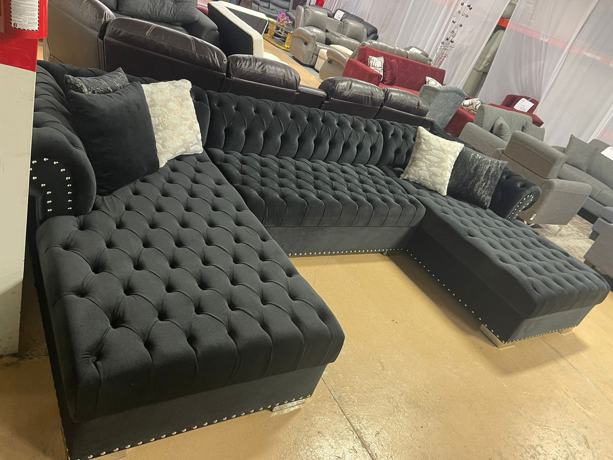 Black Velvet Tufted U Shaped Sectional- Includes Throw Pillows - Model ...