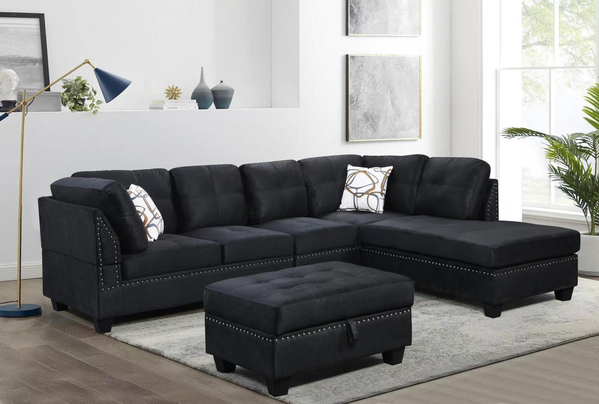 Black Fabric Sectional Sofa With Reversible Chaise With Storage Ottoma ...
