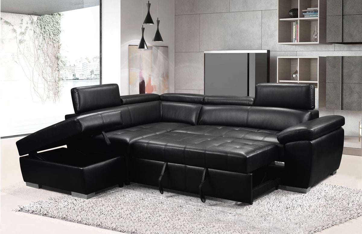 Black Large Pull Out Air Leather Sectional Sofa Bed With Storage & Adj ...