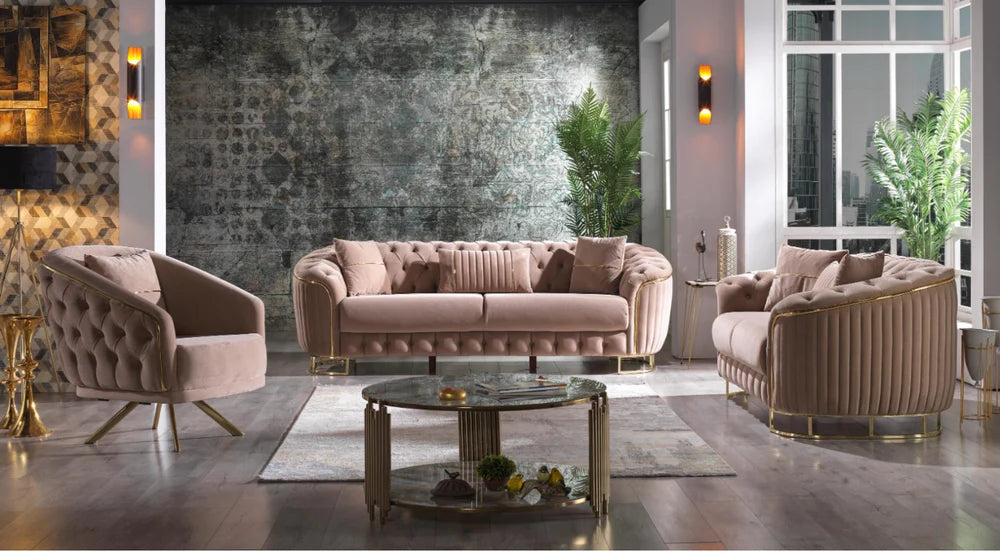 Mink Velvet Tufted Sofa Set With Gold Legs- Turkish Made- Model Rosa ...