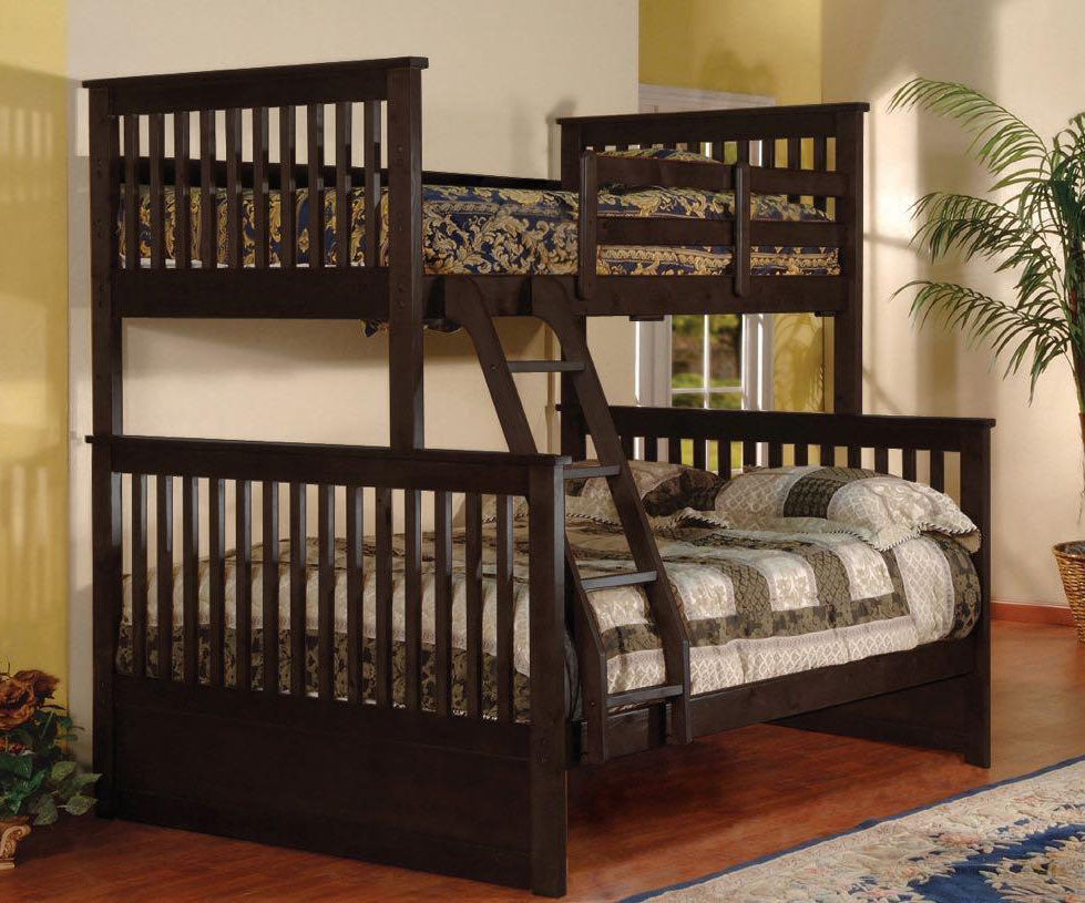 Espresso Solid Wood Single Over Double Bunk Bed- Detaches Into Two Sep ...